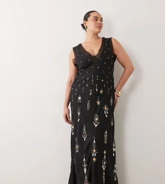 Asos Curve ASOS DESIGN Curve Maxikleid mit Schmucksteinen und V-Ausschnitt in Schwarz