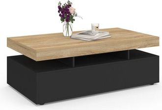 IDMarket Table basse rectangulaire ELSA 2 tiroirs en bois noir et plateau fa&ccedil;on h&ecirc;tre