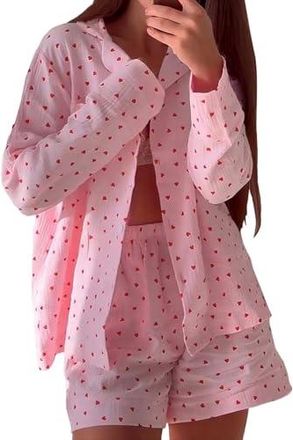 Generic 2026 Cadeau de Saint-Valentin pour femmes, d&eacute;contract&eacute;, tendance, imprim&eacute; coeur, chemise &agrave; manches longues, chemisier, pantalon court, ensemble de cos