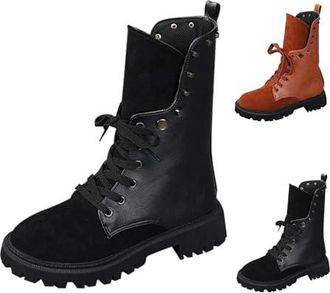 Generic Bottes mi-mollet pour femme - Style r&eacute;tro - Talon bas - Plateforme - Bout rond - Bottes d&eacute;quitation - Cuir PU souple avec lacets - Pour lautomne, lhiv