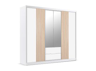 Vente-Unique Kleiderschrank mit 4 T&uuml;ren und 2 Schubladen - Mit Spiegel - B250 cm - Wei&szlig; & Natur - SIDOVIA