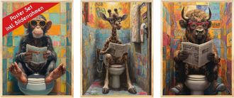 Wackadoo Poster Set WC Tiere 3er Set inklusive Bilderrahmen 21x30 cm DIN A4 Poster Bilderset mit rahmen picture frame Bilder Set Italienisches Holz