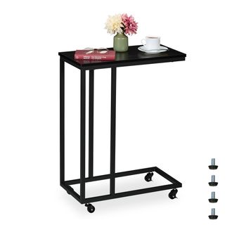 Relaxdays Beistelltisch C-Form, HBT 79x60x30 cm, Rollen, Sesseltisch zum Unterschieben, Metall & MDF, Sofatisch, schwarz