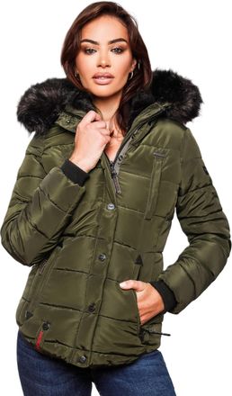 Marikoo warme Damen Winter Jacke Winterjacke Steppjacke gef&uuml;ttert Kunstfell B618 [B618-Lotus-Olive-Gr.M]