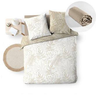 Douceur d'Int&eacute;rieur Pack Botanica Naturel 260 x 240 cm - Housse de Couette R&eacute;versible + Drap Housse Beige 160x200 cm