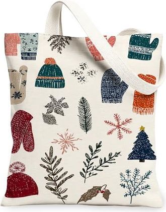 Generic Sacs fourre-tout en toile pour accessoires dhiver, motif vacances rustiques, sacs d&eacute;picerie r&eacute;utilisables, vintage, l&eacute;gers, lavables, blanc, 13x15 Inc