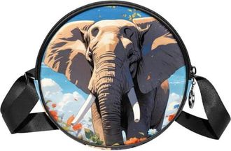 Generic Petit sac &agrave; bandouli&egrave;re rond pour femme, motif &eacute;l&eacute;phant, fleur d&eacute;l&eacute;phant avec fermeture &eacute;clair, bretelles r&eacute;glables, sac &agrave; main rond d&eacute;contract&eacute; pour 