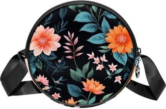 Generic Petit sac &agrave; bandouli&egrave;re circulaire pour femme, motif feuilles florales, sac &agrave; dos avec fermeture &eacute;clair, bretelles r&eacute;glables, sac &agrave; main rond d&eacute;contra