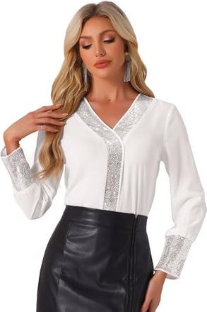 Allegra K Chemisier à Paillettes pour Femme Col en V Manches Longues Décontracté Chemise Léger Blouse Colorée Scintillante Blanc L