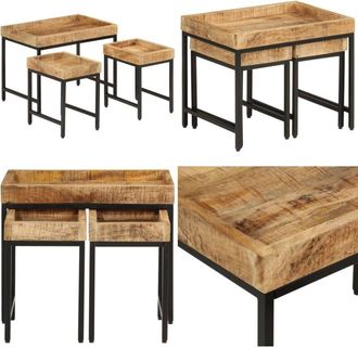 vidaXL Tables basses gigognes 3pcs bois de manguier massif brut et fer - Table Basse Gigogne - Table Dappoint - Mobilier Petit Espace - Design Scandinave