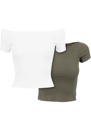 Urban Classics Damen Ladies Off Shoulder Rib Tee 2-Pack T-Shirt, White+Olive, L EU