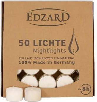 Edzard 50 bougies chauffe-plat, blanc, paraffine, sans parfum, coque en plastique transparent, dur&eacute;e de combustion env. 8 heures