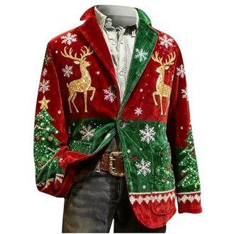 Generic Blazer de Noël pour homme avec imprimé Père Noël, col en V, boutons, confortable, grande taille, blazer avec poches, veste de loisirs festifs pour fêt
