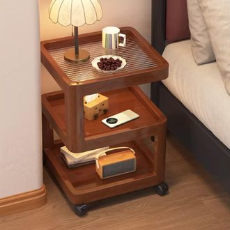 Generic Beistelltische for Schlafzimmer, Nachttische Mit Drehbaren R&auml;Dern Und Tischplatte Aus Geh&auml;Rtetem Glass, Bambusmaterial for Schreibtischlampe, Wasserbe