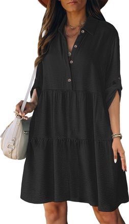 Bsubseach Womens Casual Kleider Button Down 3/4 &Auml;rmel Sundresses A-Line Ruffled Shirt Dress Spring Outfits Schwarz XL