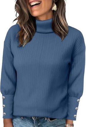 Generic Pull Femme Hiver Chaud col Montant D&eacute;contract&eacute; Manche Longue Couleur Unie Jumper Pull Femme Chic et El&eacute;gant Mode Ample Sweatshirts Bleu