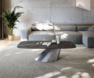 DELIFE Couchtisch Edge Boot 140x80 cm Keramik Laminam Noir Desir Braun Parabi Metallic Silber, Couchtische