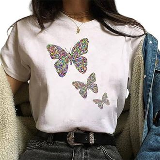 Keephen Vibrant Papillon T-Shirt Femmes Belle Color&eacute; Papillon Impression 3D Manches Courtes Blouse Casual Col Rond Tee Tops