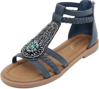 Generic Sandales Femme Été Confortable Plate Chaussures Femmes Sandales Bohême Plates Plage,Bleu,38 EU