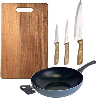 San Ignacio Wok mit einem Durchmesser von 30 cm, aus gepresstem Aluminium, Blau, 3 T&ouml;pfe aus Edelstahl + Schneidebrett 40 x 25 cm NOIA San Ignacio
