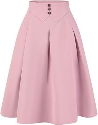 Allegra K Jupe mi-Longue plissée pour Femmes Bouton Décorer Taille Haute Casual Bureau Swing Jupes Rose XS