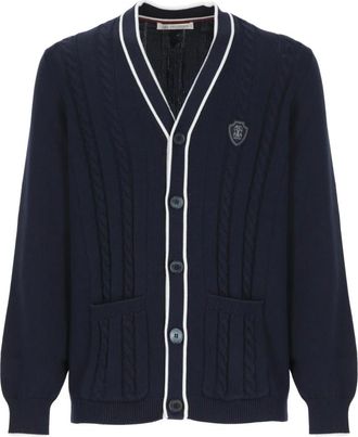 Brunello Cucinelli Homme, Pulls, Bleu, Taille: S Cardigan en Coton Bleu Col en V