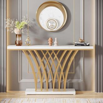 Tribesigns Gold Konsolentisch, 150 x 29.5 x80 cm Moderner Eingangstisch mit gitterf&ouml;rmigem Metallfu&szlig; f&uuml;r Eingang, Flur, Vorzimmer, Wohnzimmer (Wei&szlig; und Gold)
