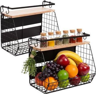 Relaxdays Obstkorb Wandregal 2er Set, K&uuml;chenorganizer magnetisch, HBT: 30x35,5x21 cm, Gitterkorb Metall, schwarz/Natur