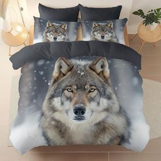 Generic Gris Housses de Couette Animal Majestueux Loup Microfibre Bross&eacute;e Doux R&eacute;sistant, 140 x 200 cm Housse De Couette avec Fermeture &eacute;clair Invisible Sangl