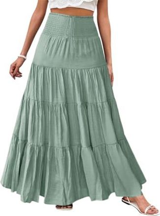 Minetom Femme Ete Jupe Boho Elastique Taille Haute A-Ligne Longue Jupe Maxi Décontractée Vacances LÉté Plage avec Cordon De Serrage B Vert L