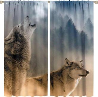 Generic Verdunkelungsvorhang Gardinen Tier Wolf 2Er-Set Vorh&auml;nge 3D Druck Muster Fenster Vorhang F&uuml;r Wohnzimmer Schlafzimmer Gardinen Kr&auml;uselband Dekoration 1