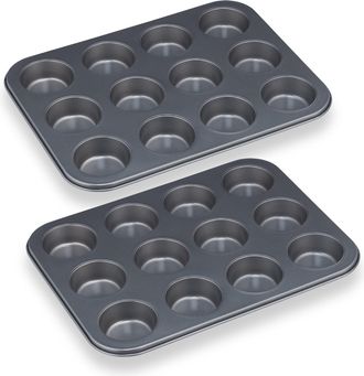 Relaxdays Muffinform, 2er Set, 12er Muffinbleche, antihaftbeschichtet, Carbonstahl, Muffins & Cupcakes, Ø 6,5 cm, grau, 10030825, Anthrazit