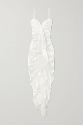 Rasario Robe Midi En Satin &Agrave; Drap&eacute; Et &Agrave; Volants - Blanc
