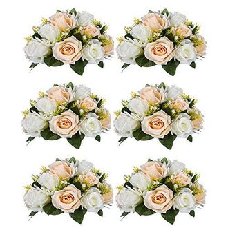Nuptio 6 Pi&egrave;ces Fleurs Artificielles, 15 T&ecirc;tes de Roses Plastique avec Base, Convient au Centre de la Table Mariage Notre Magasin pour Les F&ecirc;tes D&eacute;coration d