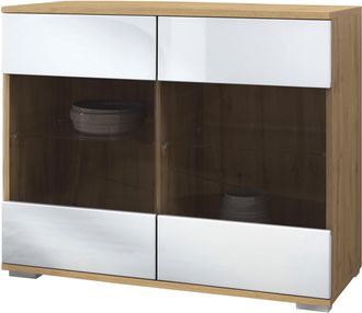 Vladon Kommode Bari V3, Moderner K&uuml;chenschrank mit 2 gro&szlig;en Glast&uuml;ren Eiche Evoke/Wei&szlig; Hochglanz (92,5 x 75.5 x 35)