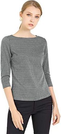 Allegra K Femme Travail Bureau Chemisier Manches 3/4 Col Bateau Impression Pied-De-Poule Noir XL