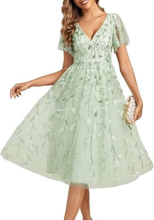 Ever-pretty Robe Femme de Soir&eacute;e Mi-Longue Paillettes Col V Manches Courtes Cocktail Mariage Verte Menthe 46
