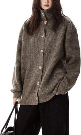 Lazutom Cardigan en tricot côtelé à col montant pour femme avec revers boutonné pour tenue dautomne et dhiver, café, L