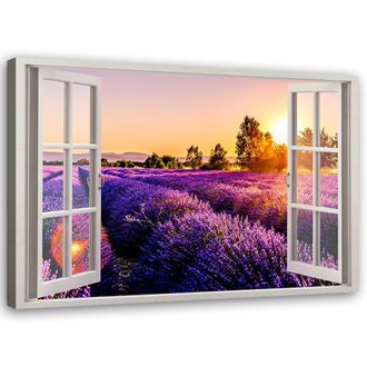 Feeby Leinwand Bilder - Lavendelfeld Natur Fensterblick - Vlies 30x20 cm - Deko Wohnzimmer - Wandbilder Schlafzimmer - Deko Aesthetic - Wand Deko - Leinwand
