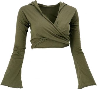 Guru Shop Wickeltop, Yogatop, Langarmshirt mit Trompetenärmeln - Olivgrün, Damen, Baumwolle, Size:M