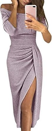 Onsoyours Femme Robe Longue à Manches Courtes Col V Élégante Brillant Cocktail Soirée Robe Fendue C Rose XL