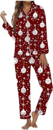 Generic Ensemble de pyjama de No&euml;l pour femme avec poche boutonn&eacute;e et manches longues, bordeaux, XXL