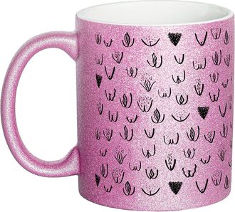 OM3 witzige Glitzertasse mit Vaginas Vulva Kaffeetasse Muschi Rundherum-Muster - Glitter Tasse - Keramik Becher - 11oz 325ml - Beidseitig Bedruckt - Rosa