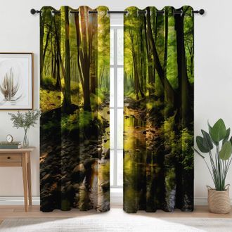 Generic Blickdichte Thermovorh&auml;nge mit &Ouml;sen H 200 x B 70 cm (2er Pack), Verdunkelungsvorhang W&auml;rmeisolierend, Natur Landschaft Wald f&uuml;r Schlafzimmer und Wohnz