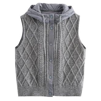 Generic Gilet &agrave; capuche pour femme, pull chaud en tricot matelass&eacute;, veste l&eacute;g&egrave;re et &eacute;paisse, sans manches, style vintage d&eacute;contract&eacute;, gris, Taille unique
