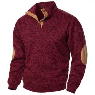 Generic Pull en tricot torsad&eacute; &agrave; col montant pour homme, pull &agrave; col montant 1/4 de bouton, sweat-shirt jacquard tricot&eacute; avec patch au coude, rouge vin, 3XL