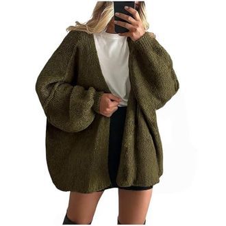 Generic Cardigan surdimensionn&eacute; en tricot &eacute;pais ouvert sur le devant pour femme, tricot dautomne 2025 &agrave; manches longues lanternes, cardigan tendance, vert fon