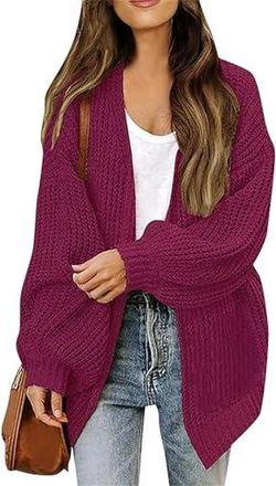 Generic Cardigan en tricot &agrave; manches lanternes pour femme Col en V Couleur unie Pull &agrave; manches longues R&eacute;tro, violet, Taille XS