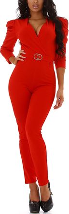 Jela London Damen Overall Onesie Jumpsuit Raffung G&uuml;rtel V-Ausschnitt Langarm, Rot