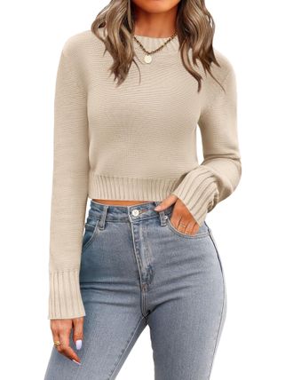 Zeagoo Strickpullover Damen Cropped Pullover Warmer Langarm Pulli Bequem Strick Winterpullover Casual Einfarbig Halbhohem Kragen Sweater Hellbraun S